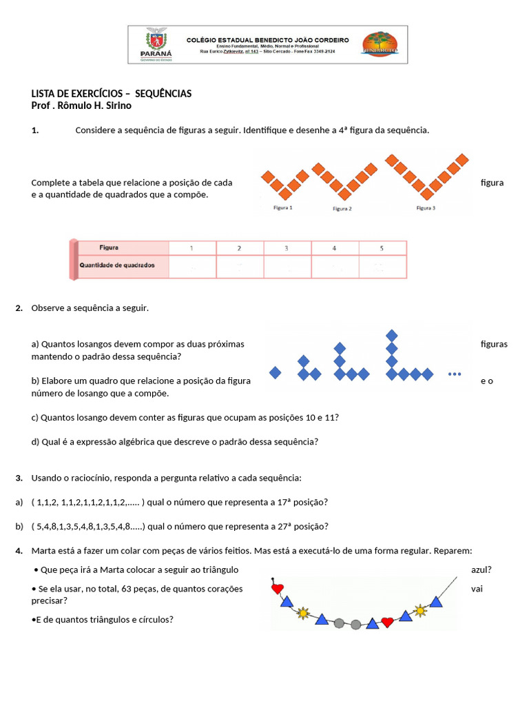 Lista de Exercícios - Sequências | PDF | Sequência | Triângulo