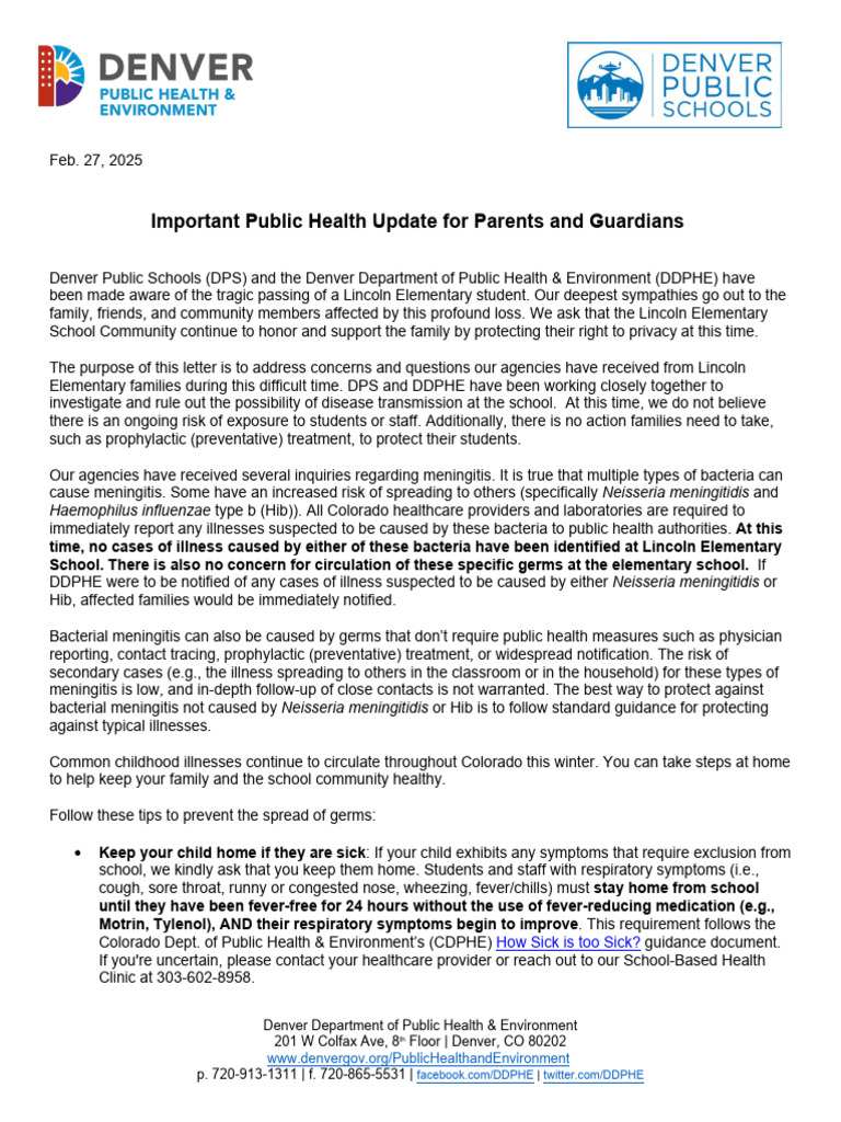 DPS and DDPHE Letter To Parents | PDF | Meningitis | Vaccines