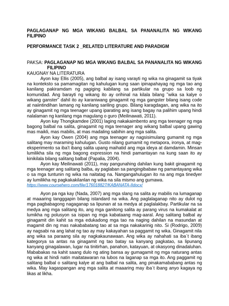 Paglaganap NG Mga Wikang Balbal Sa Pananalita NG Wikang Filipino | PDF