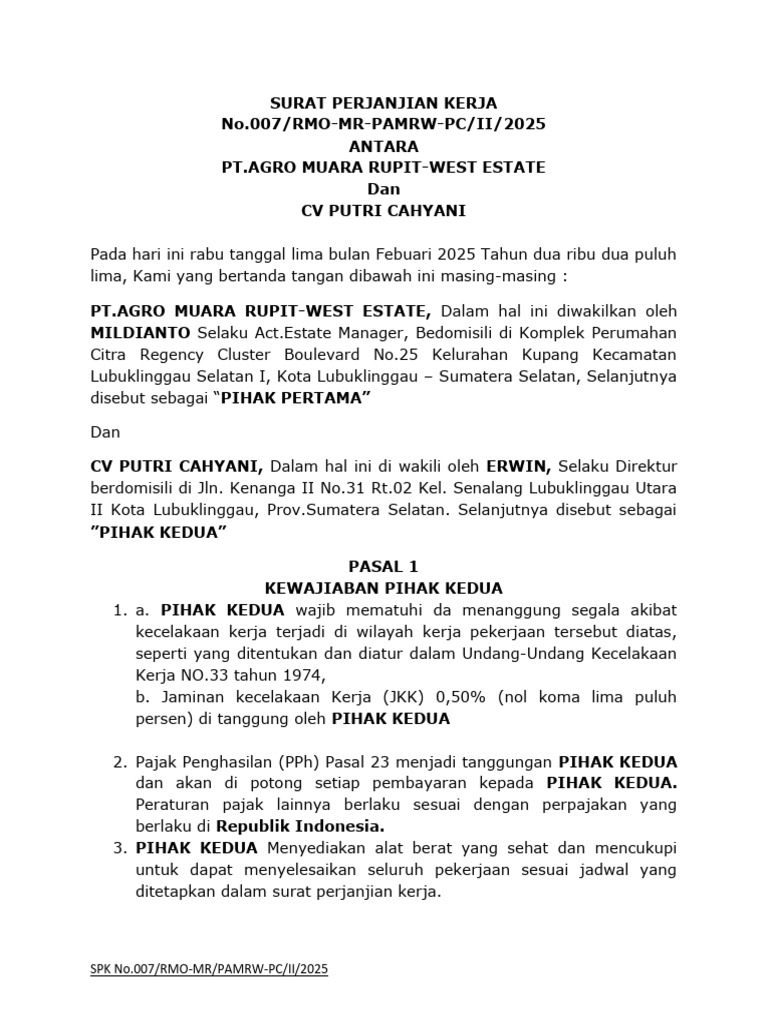 SPK CV Putri Cahyani Agro | PDF