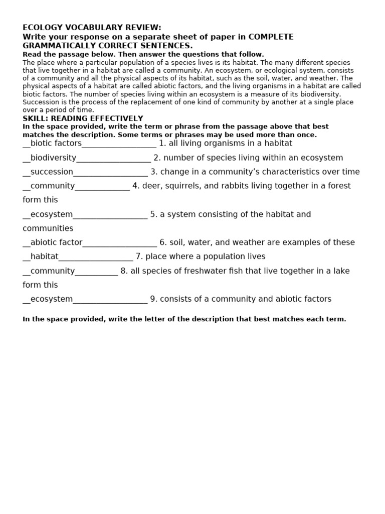 Ecology Vocabulary Review. ANSWERS | PDF | Ecosystem | Ecological Niche