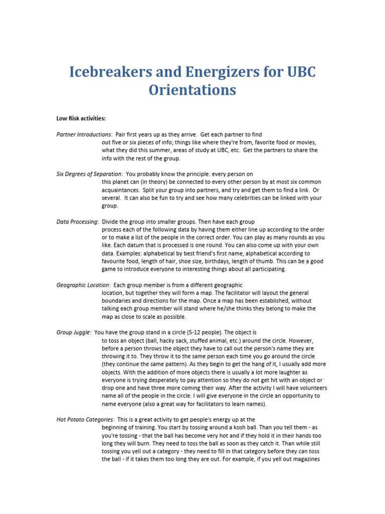 Icebreakers and Energizers For UBC Orientations | PDF