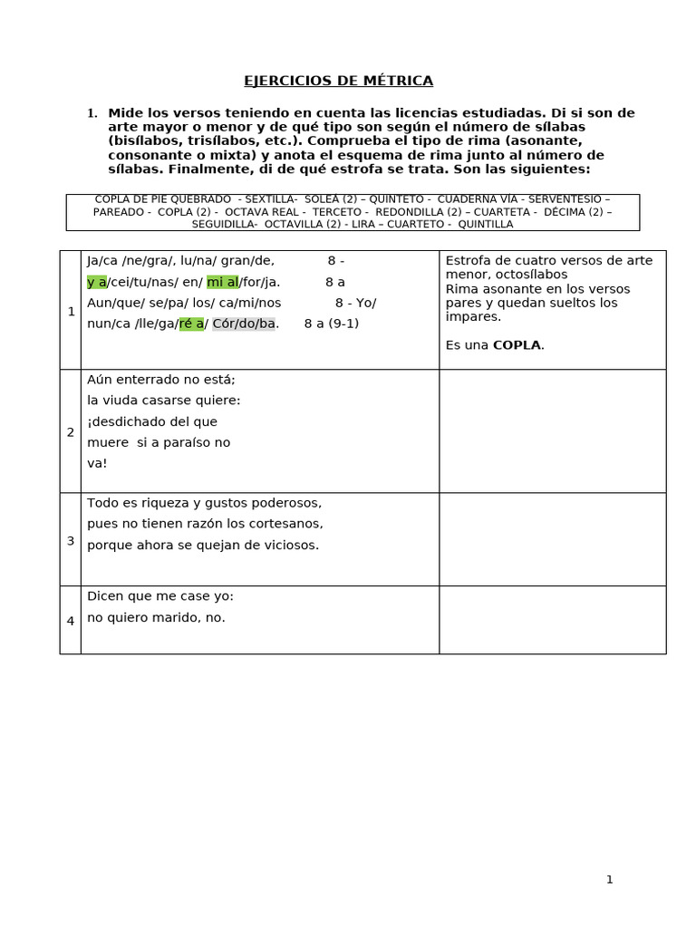 3 Eso. Ejercicios de Metrica | PDF | Metro (poesía) | Ritmo Poético
