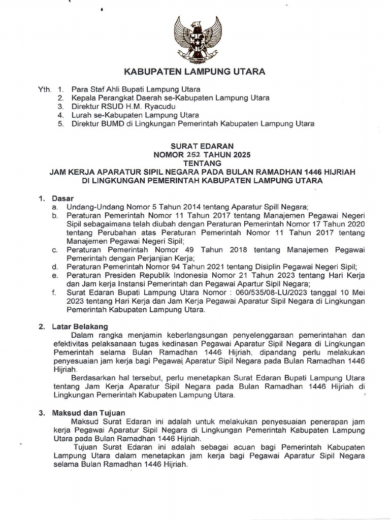 Surat Edaran Jam Kerja Bulan Ramadhan 1446 H | PDF