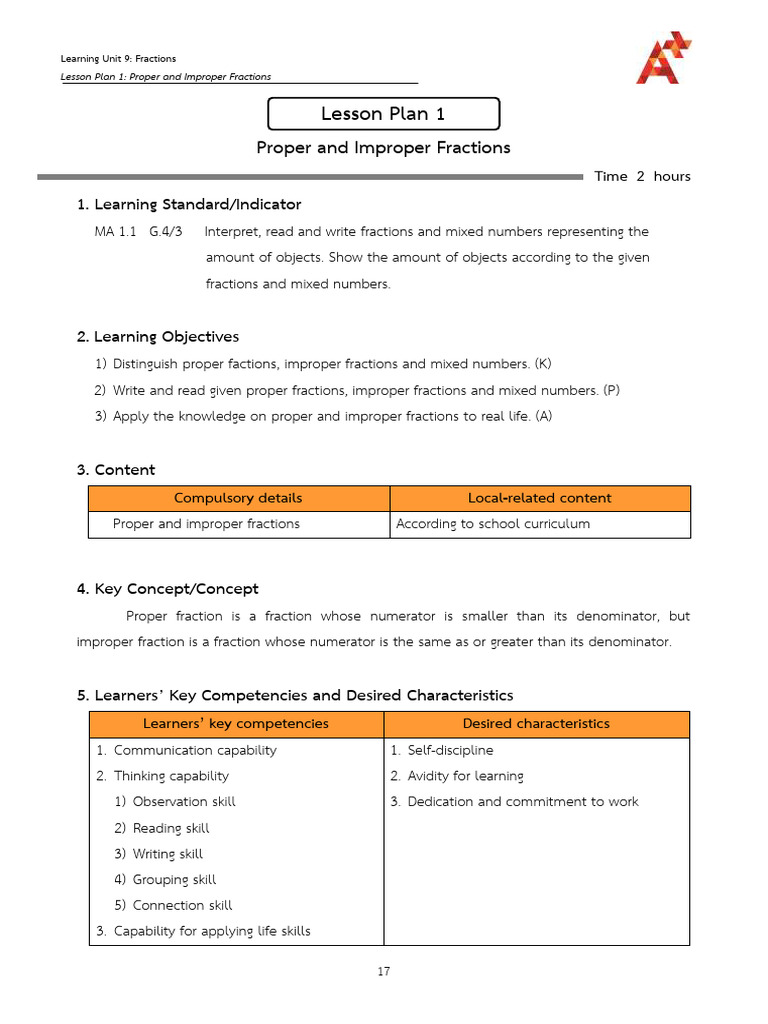 Lesson Plan 9-1 Proper and Improper Fractions | PDF | Learning | Lesson ...