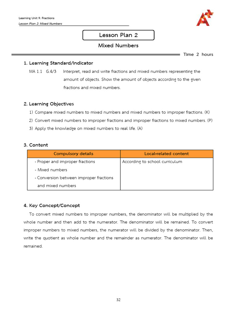 Lesson Plan 9-2 Mixed Numbers | PDF | Learning | Procedural Knowledge