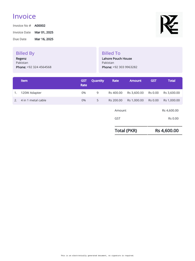 invoice-a00002-regenz-lahore-pouch-house | PDF