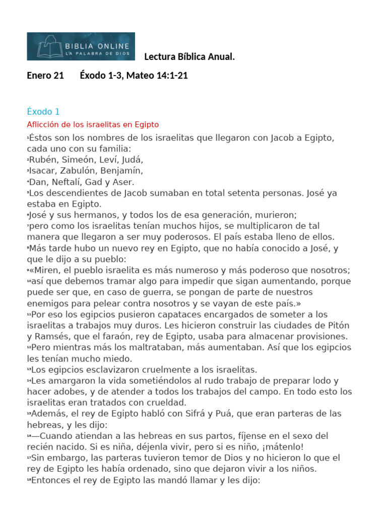 Lectura Bíblica: Éxodo y Mateo 14 | PDF | Moisés | Jacob