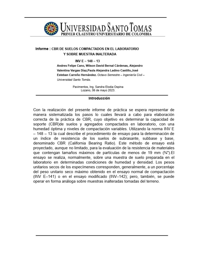 Informe:: CBR de Suelos Compactados en El Laboratorio Y Sobre Muestra Inalterada INV E - 148 ...