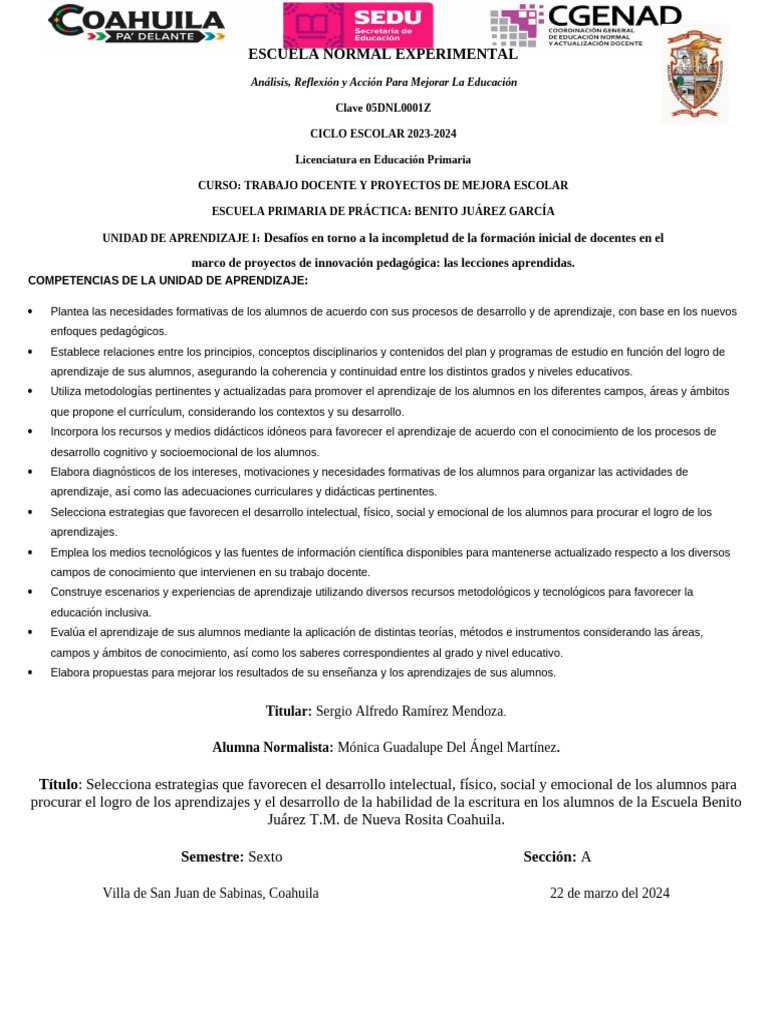 PROYECTO DE MEJORA ESCOLAR-Mónica Guadalupe Del Ángel Martínez. 3A ...
