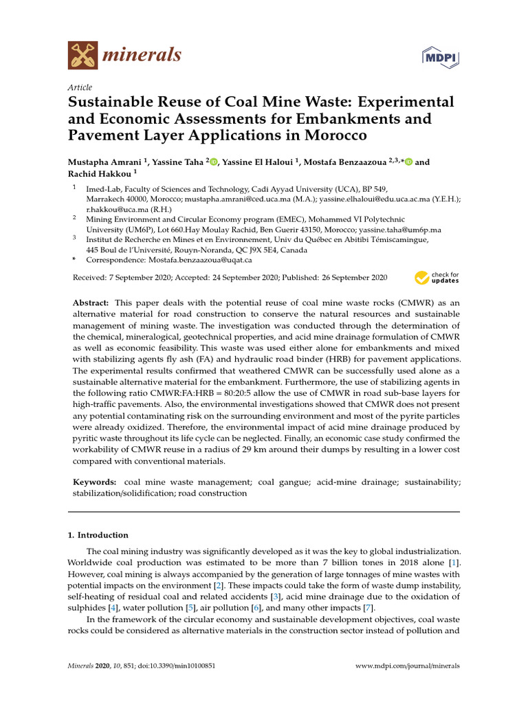 Sustainable Reuse of Coal MineWaste - Experimental and Economic ...
