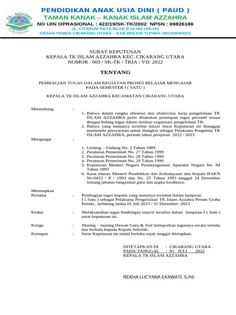 SK Pembagian Tugas Mengajar | PDF