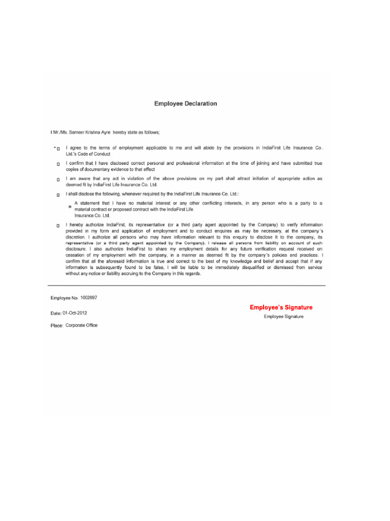 Emloyee Declaration | PDF