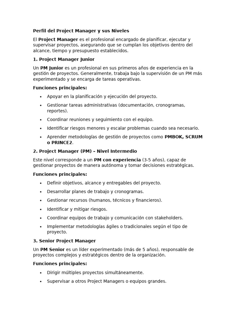 Funciones y Perfiles del Project Manager | PDF | Gestión de proyectos ...