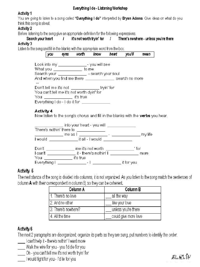 20-Listening Activity- 'Everything I Do' | PDF