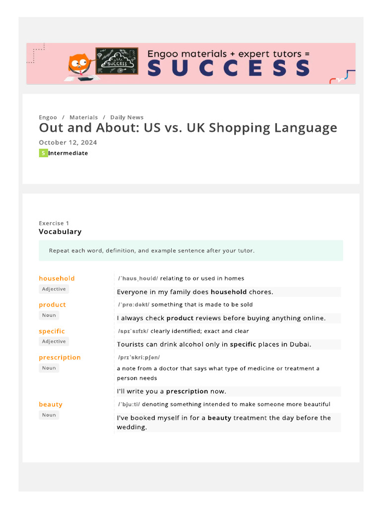INTER-Out and About US X UK Shopping Language | PDF