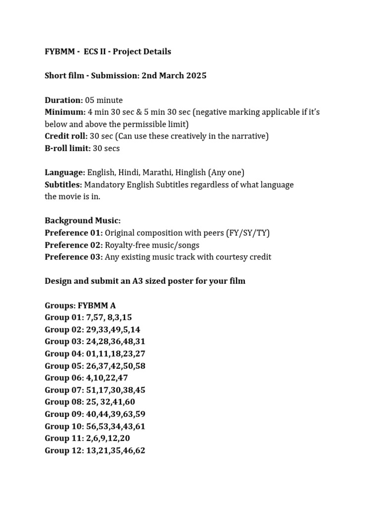 FYBMM Short Film Project Guidelines | PDF