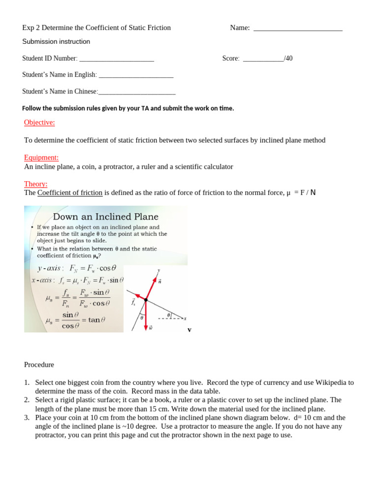 Coefficient of Static Friction Experiment | PDF | Force | Friction