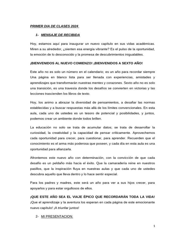 Primer Dia de Clases 2024 | PDF