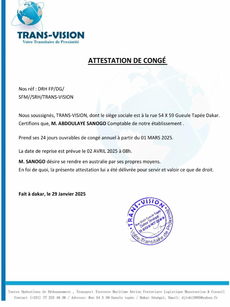 Attestation de Congé Abdoulaye Sanogo | PDF