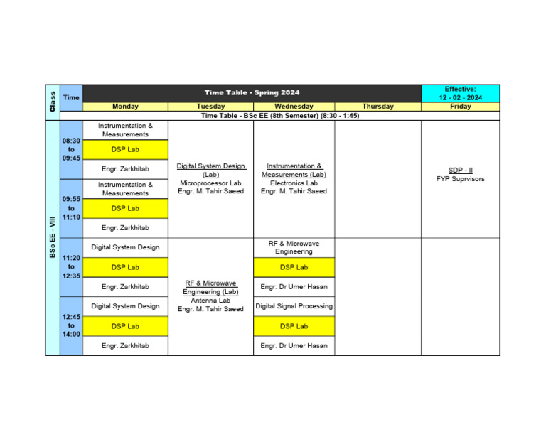 Time Table, BSC EE, Spring 24 | PDF