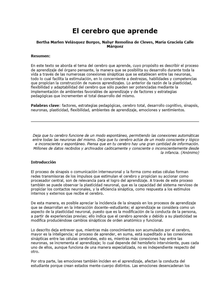 El Cerebro Que Aprende | PDF | Sinapsis | Neurona
