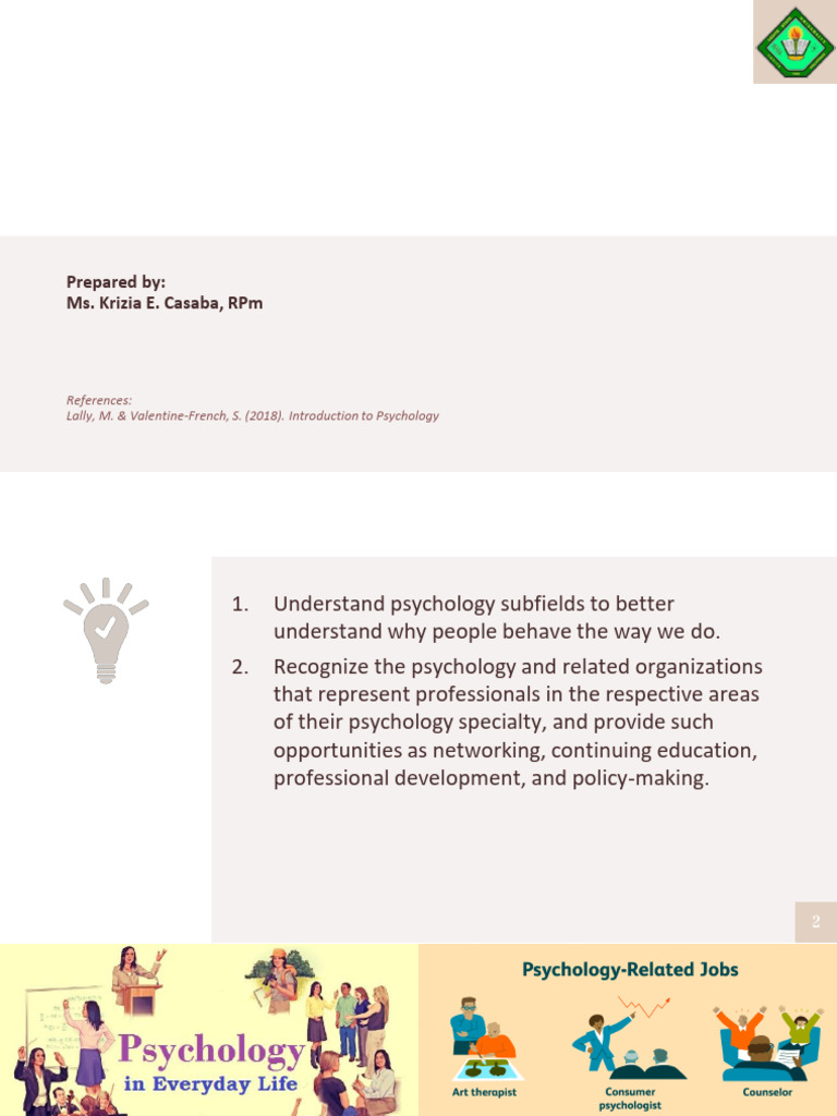 LESSON 2 - PSYCHOLOGY SUBFIELDS | PDF | Psychology | Psychotherapy