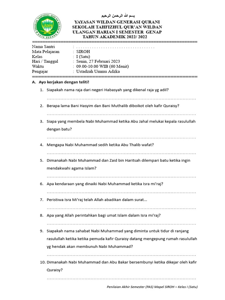 Soal Ulangan Harian 1 Kelas 1 - Siroh | PDF