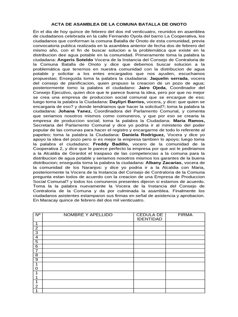 Acta de Asamblea de La Comuna Batalla de Onoto | PDF