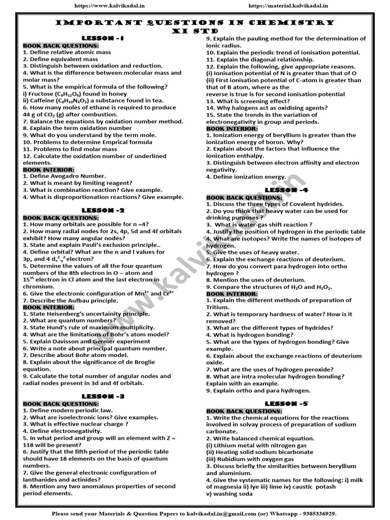 11th Chemistry Important Questions EM 2023-24 | PDF | Atomic Orbital ...