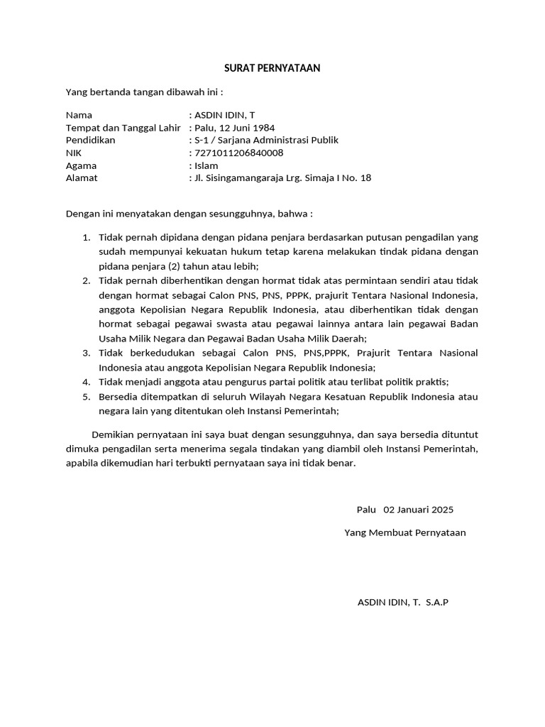 Surat Pernyataan Asdin Idin T. PPPK | PDF