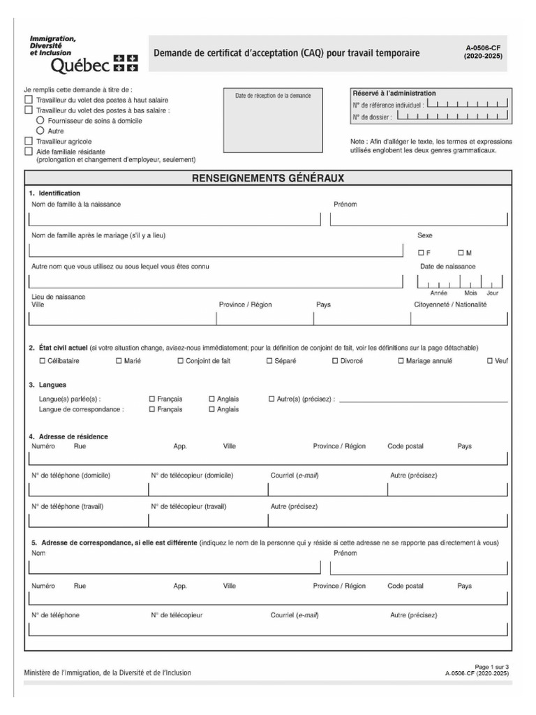 FORMULAIRE_DE_DEMANDE_DU_CERTIFICAT_D'ACCEPTATION_DU_QUEBEC | PDF