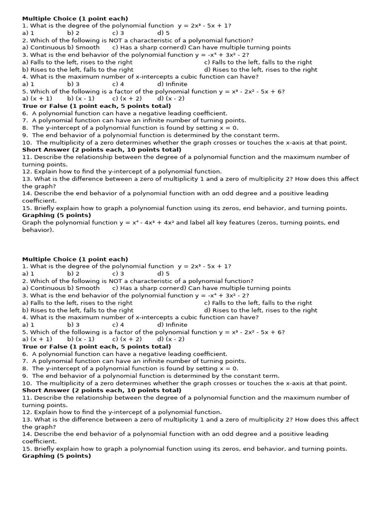 Polynomial Functions Quiz Guide Pdf Polynomial Zero Of A Function