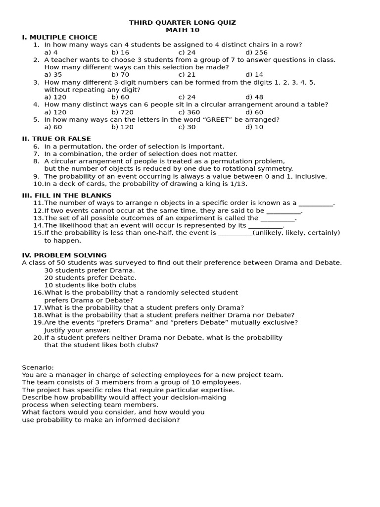 Long Quiz Permutation, Combination, Probability | PDF | Probability ...