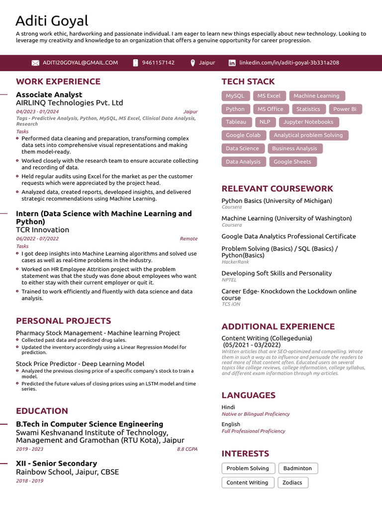 Aditi's Resume | PDF | Machine Learning | Data Science