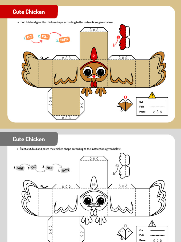 Brown Red Skillful Fun Cut Fold Paste Chicken Worksheet | PDF