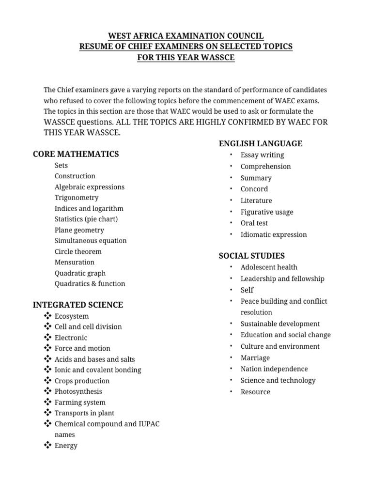 Confirmed Topics for WASSCE 2025 | PDF | Textiles | Quadratic Equation