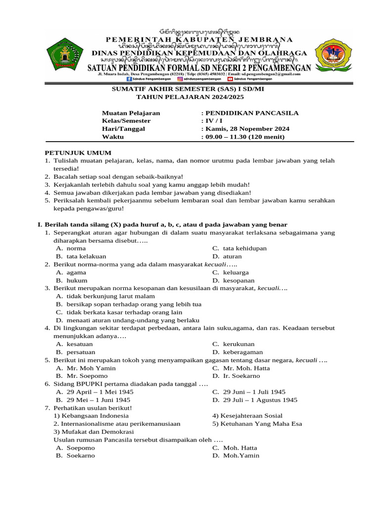 Soal SAS 1 Pend - Pancasila | PDF