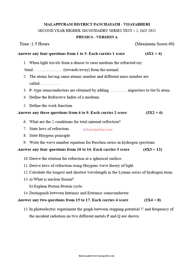 Malappuram Physics Test Paper 2025 | PDF | Refractive Index | Refraction