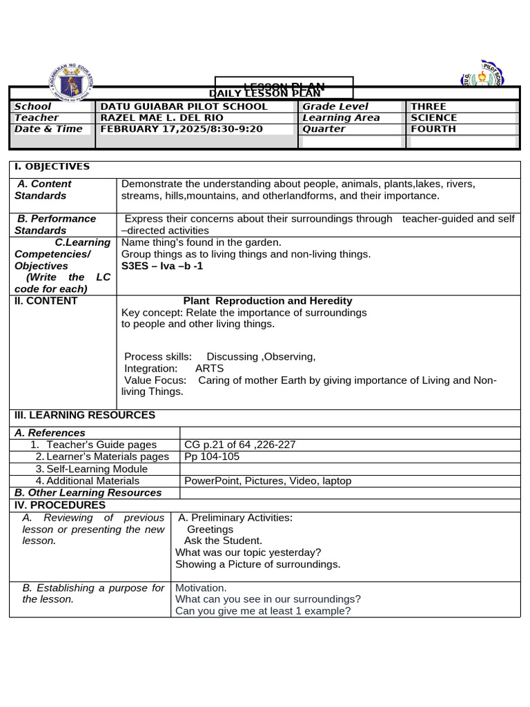 Science 3 LESSON PLAN Quarter 4 LIVING THINGS | PDF | Learning | Lesson ...