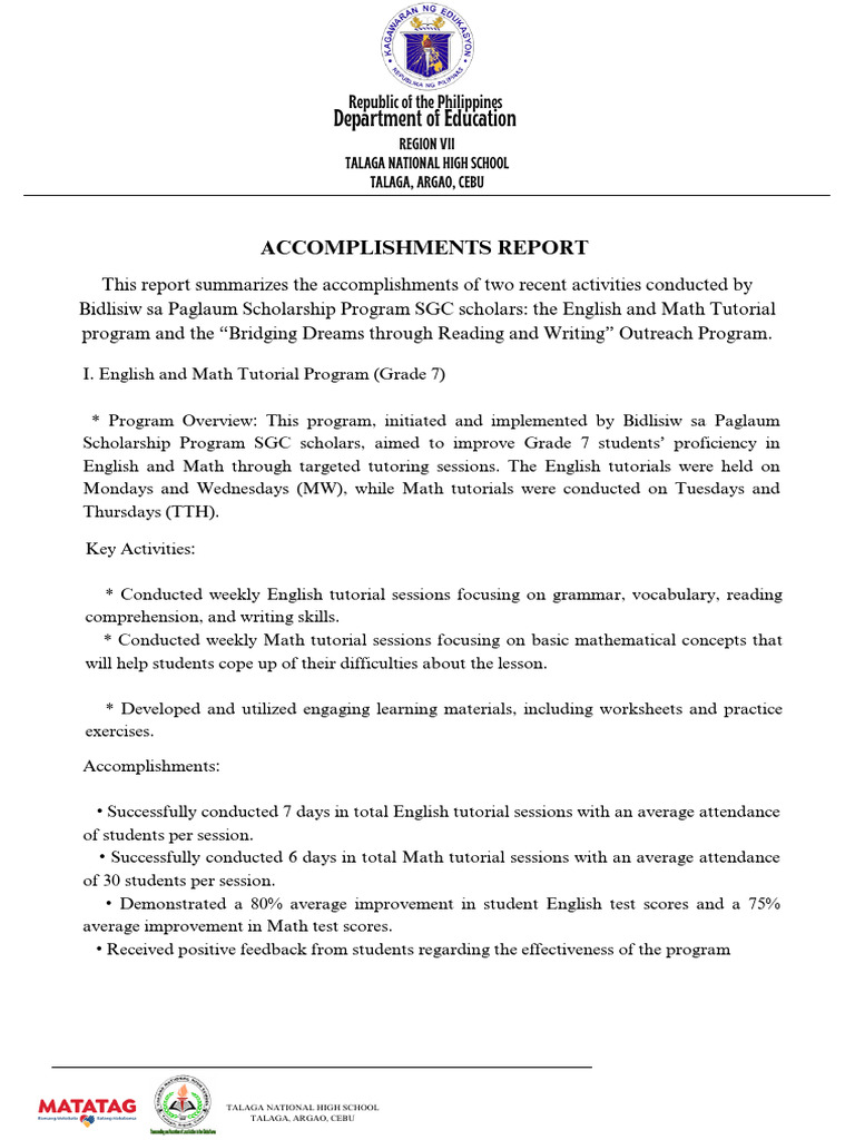Talaga National High School Accomplishments | PDF | Reading ...