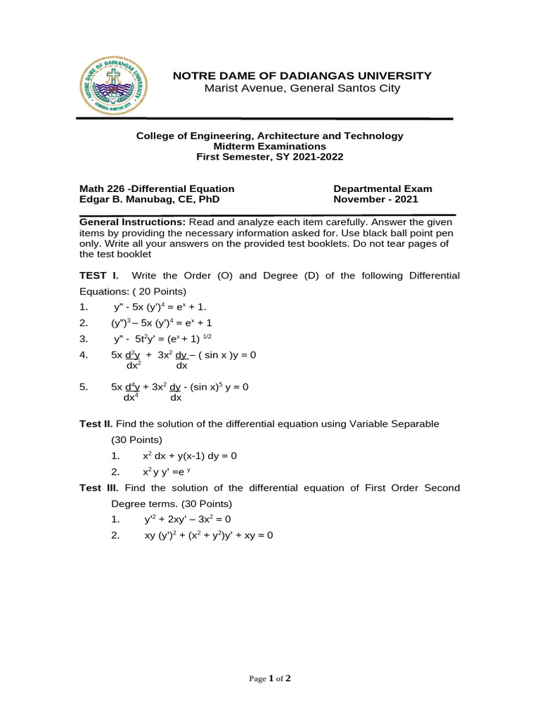 Differential Equations Midterm Exam 2021 | PDF