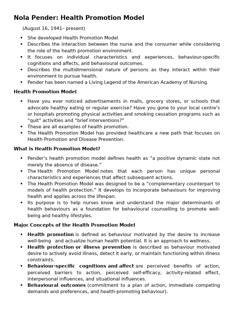 Nola Pender's Health Promotion Model Explained | PDF | Behavior | Self ...