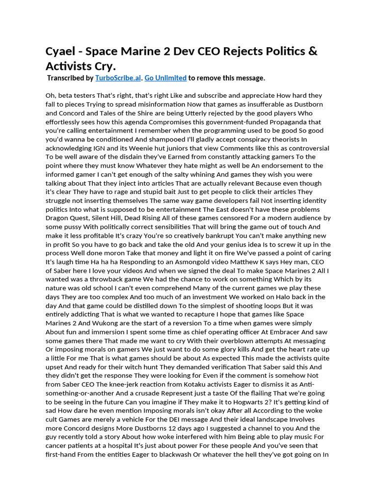 Cyael - Space Marine 2 Dev CEO Rejects Politics & Activists Cry. | PDF