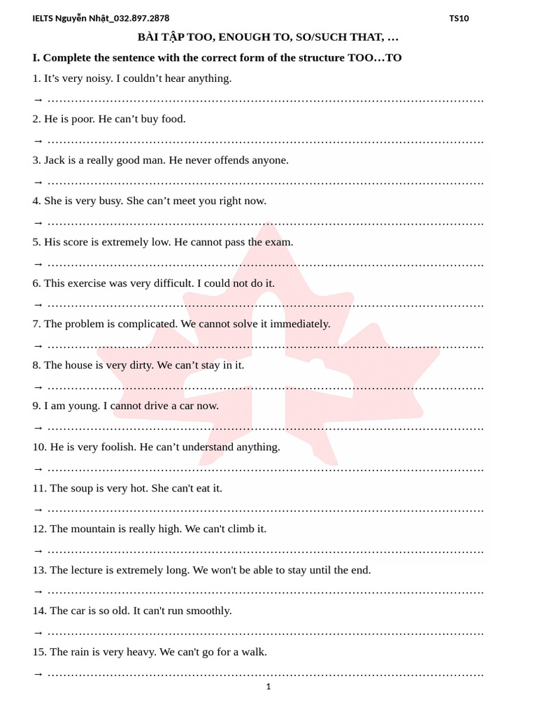 b7 - Bài Tập So Such That^j Enough to^j Too To | PDF