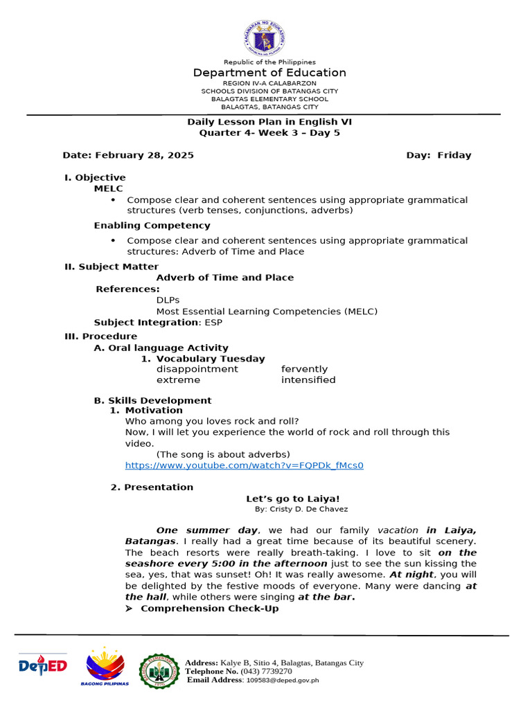 Daily Lesson Plan: Adverbs in English VI | PDF | Adverb | Verb