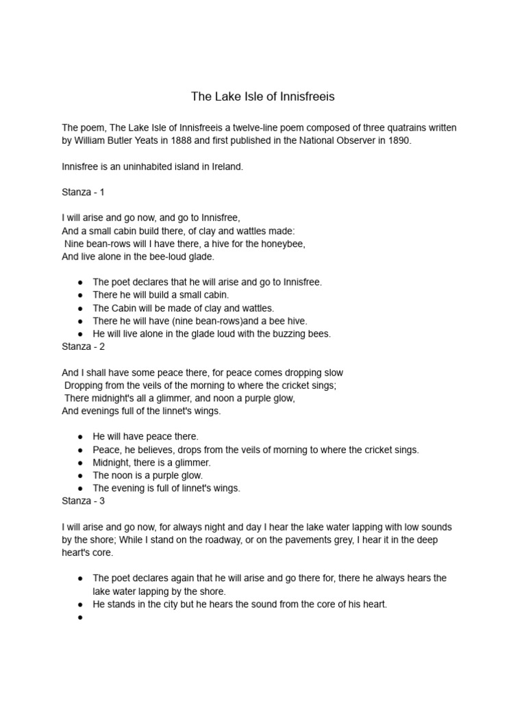 The Lake Isle of Innisfree | PDF | Poetry
