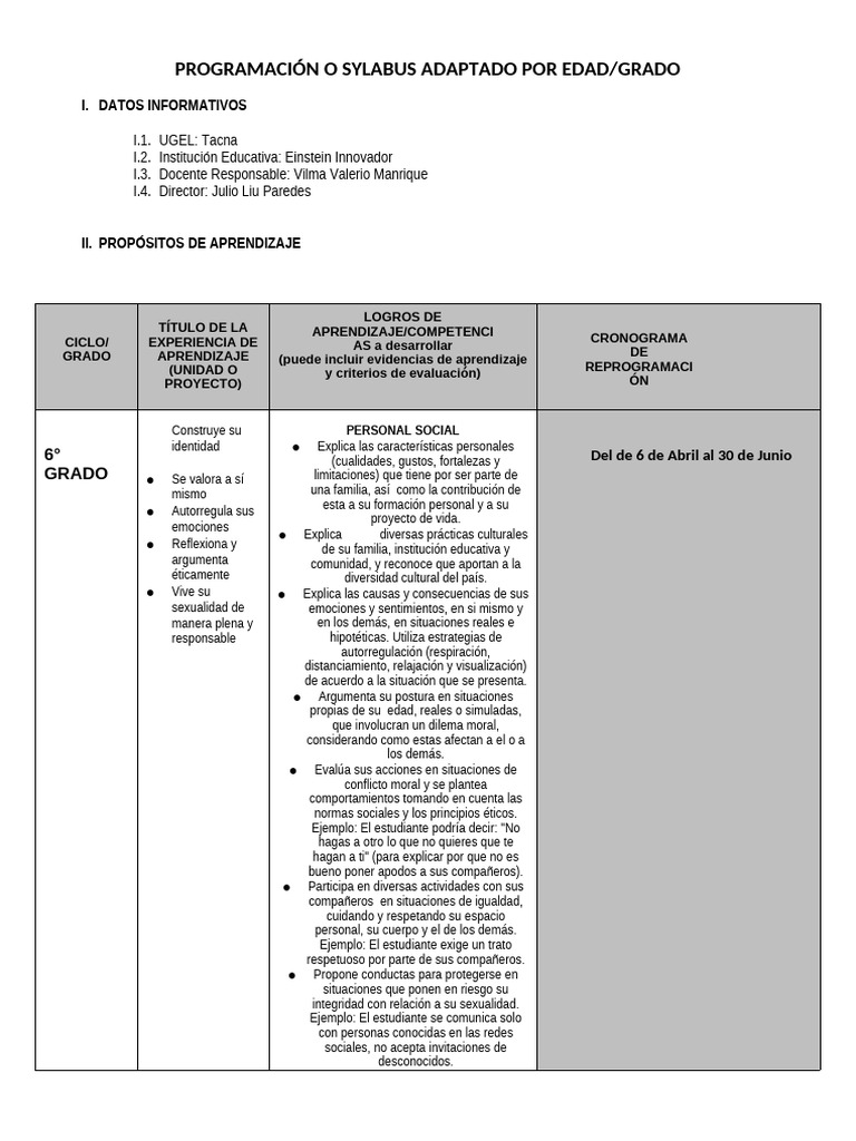 Programa Educativo 6° Grado Tacna | PDF | Sustentabilidad | Decimal