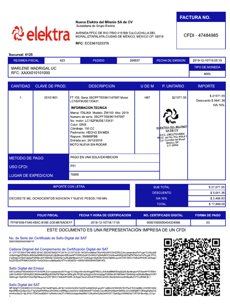 FACTURA ELEKTRA FT150CC | PDF