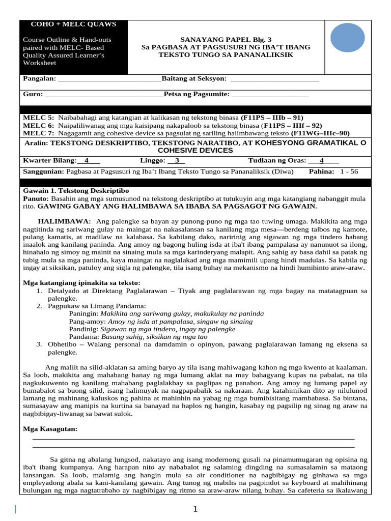 4th Quarter Worksheet3 | PDF
